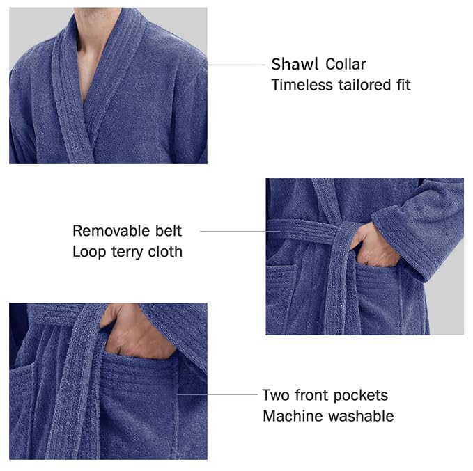 Ramesses Bathrobe Mens,Premium Thick Terry Cloth Bathrobe,Towel Bath robe Long–Staple Combed Men's Cotton Robe(Navy)