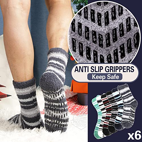 Fuzzy Slipper Socks with Grips for Mens Womens Non Slip Hospital Socks Anti Skid Winter Fluffy Warm Cozy Cabin Soft Crew Sleep Socks 6 Pairs Gift Stocking Stuffer (Stripes Pattern B)