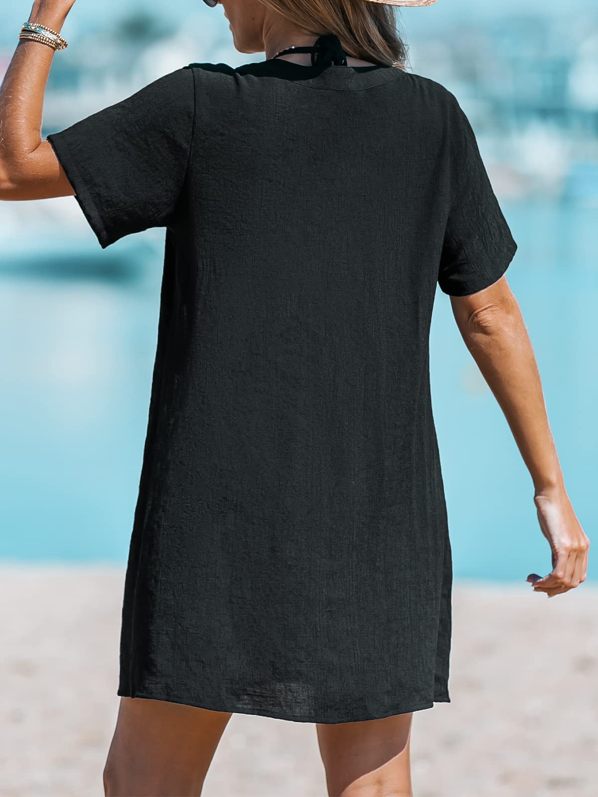 CUPSHE Women's V Neck Cover Up Dress Short Sleeve Semi-Sheer Beach Mini Dress Black