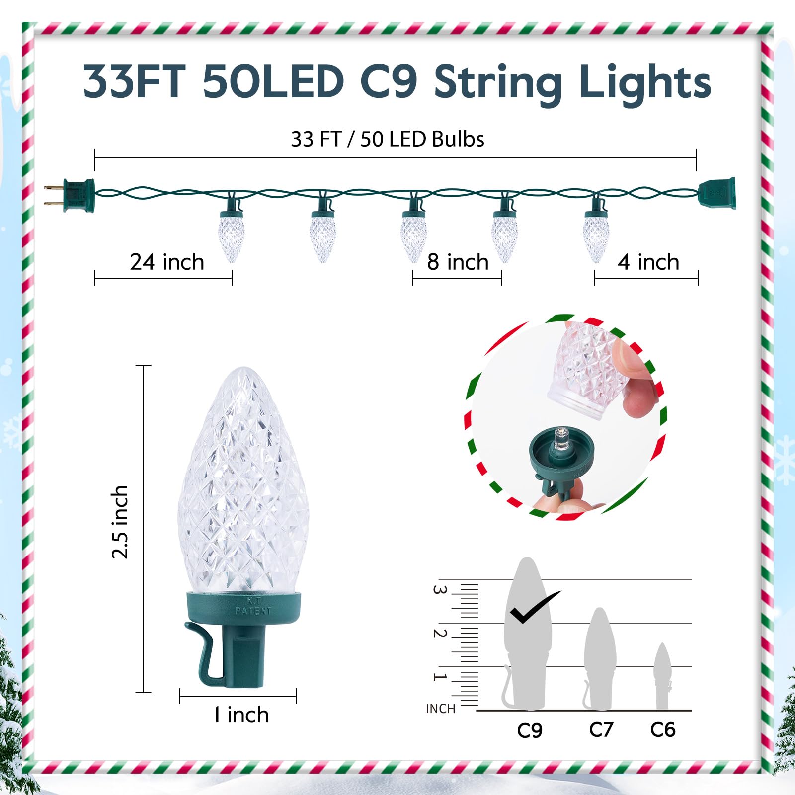 Brightown C9 LED Christmas String Lights, 33ft 50 LED Waterproof Strawberry String Lights, Extendable Green Wire Lights String for Outdoor Indoor Patio Party Decoration, Blue and White