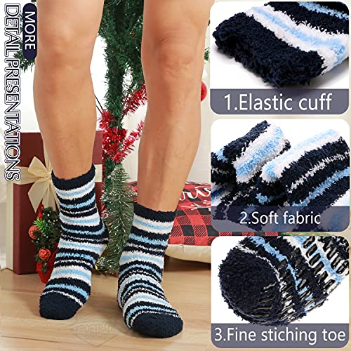 Fuzzy Slipper Socks with Grips for Mens Womens Non Slip Hospital Socks Anti Skid Winter Fluffy Warm Cozy Cabin Soft Crew Sleep Socks 6 Pairs Gift Stocking Stuffer (Stripes Pattern B)