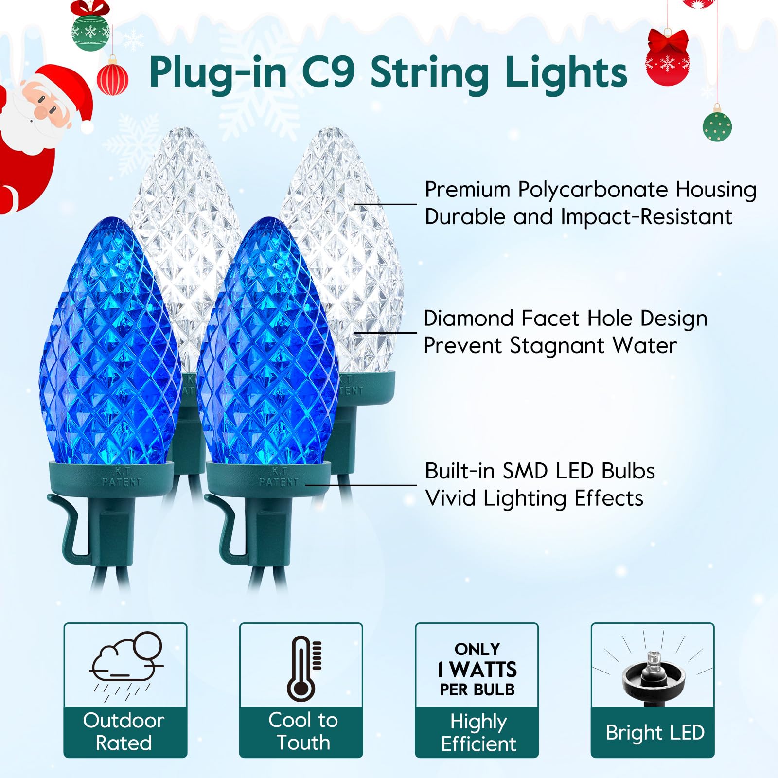 Brightown C9 LED Christmas String Lights, 33ft 50 LED Waterproof Strawberry String Lights, Extendable Green Wire Lights String for Outdoor Indoor Patio Party Decoration, Blue and White