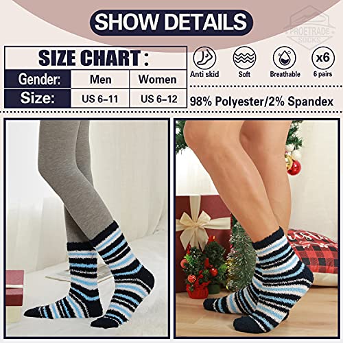 Fuzzy Slipper Socks with Grips for Mens Womens Non Slip Hospital Socks Anti Skid Winter Fluffy Warm Cozy Cabin Soft Crew Sleep Socks 6 Pairs Gift Stocking Stuffer (Stripes Pattern B)
