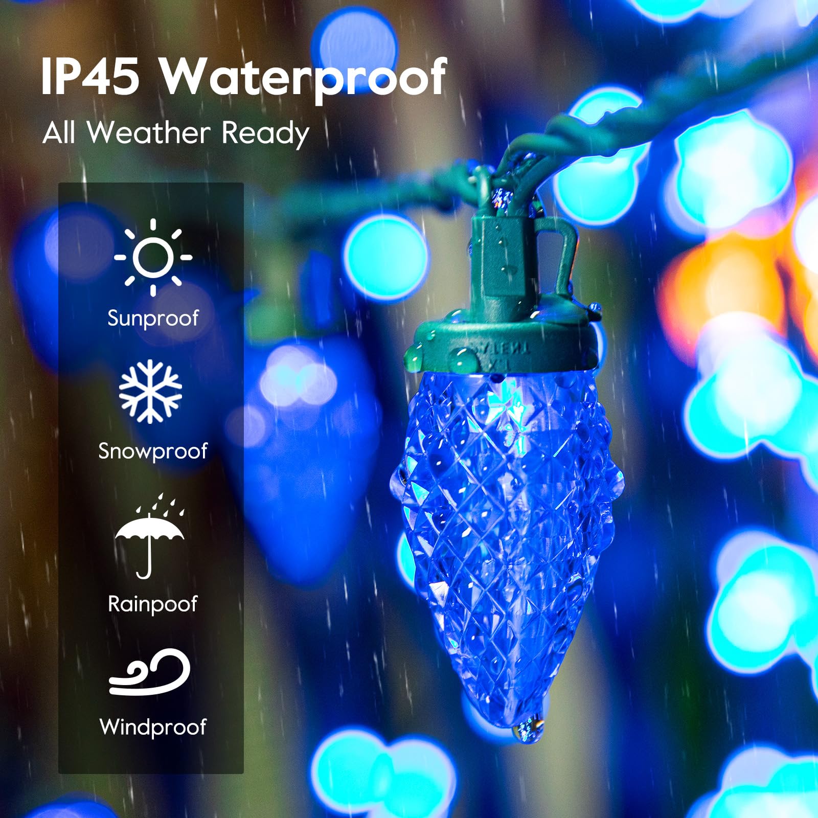Brightown C9 LED Christmas String Lights, 33ft 50 LED Waterproof Strawberry String Lights, Extendable Green Wire Lights String for Outdoor Indoor Patio Party Decoration, Blue and White