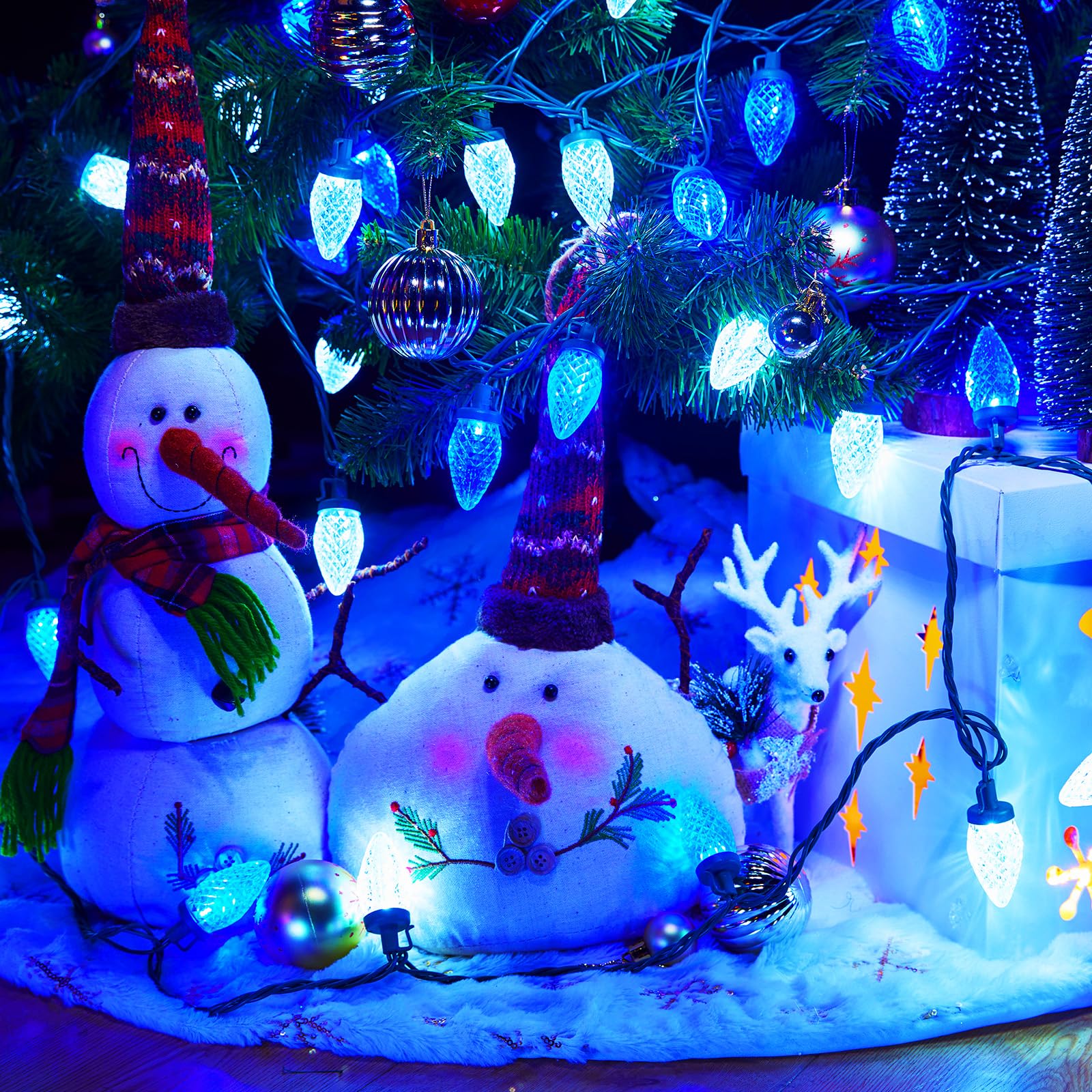 Brightown C9 LED Christmas String Lights, 33ft 50 LED Waterproof Strawberry String Lights, Extendable Green Wire Lights String for Outdoor Indoor Patio Party Decoration, Blue and White