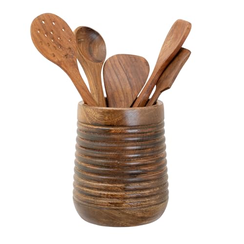 Mie Creations Rustic 7'' Large Utensil Crock Holder for Kitchen Countertop | Wooden Cooking Spatula Organizer for Party, Thanksgiving Christmas Utensils Caddy, Vintage Kitchen Counter Decor-Dark Brown