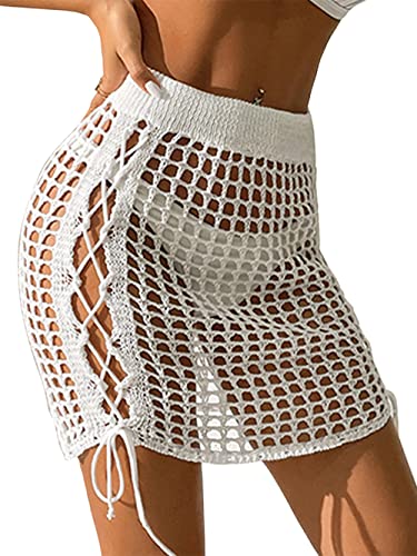 ZAFUL Women's Elastic Waist Tassel Sheer Beach Swimwear Bikini Sets Cover Ups Mini Skirt White S