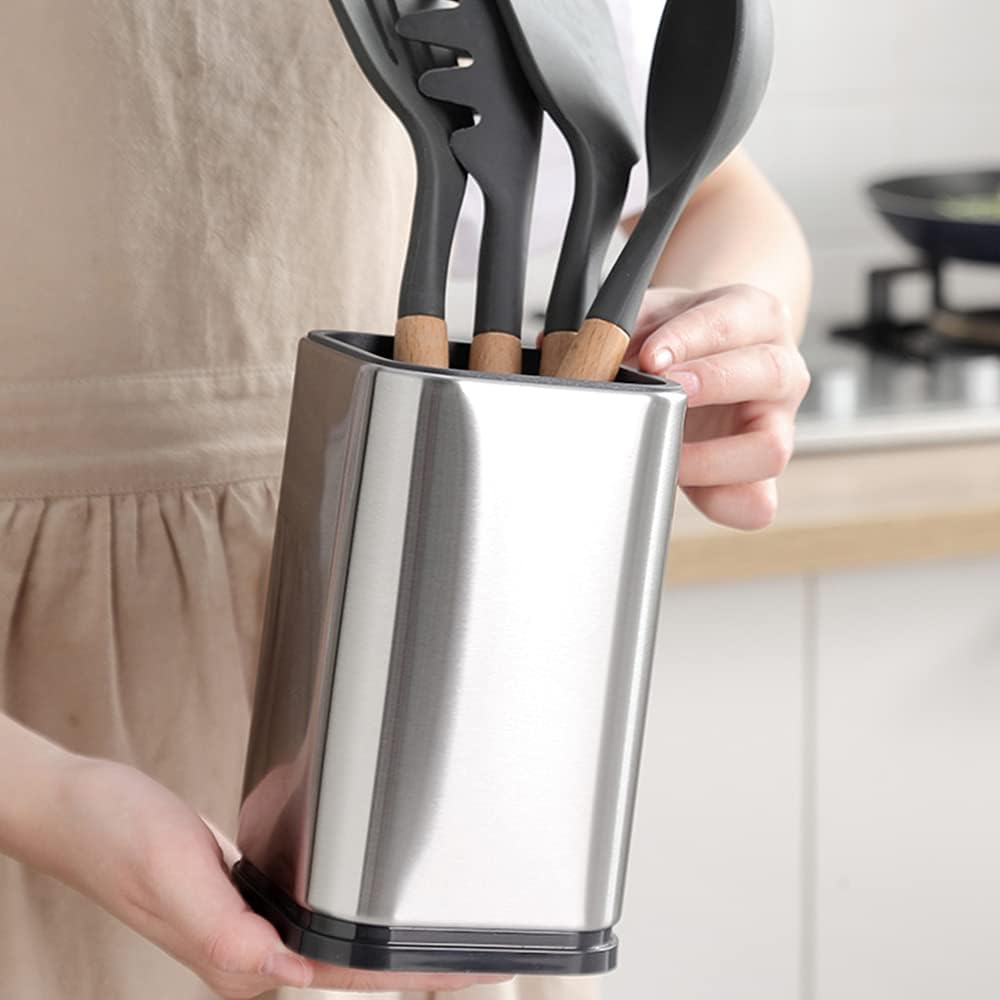 Stainless Steel Kitchen Utensil Holder for Countertop Large Utensil Caddy Organizer Rust Proof & Weighted Base for Stability, Rectangle Utensil Organizer, Cooking Utensil Holder Crock for All Kitchens