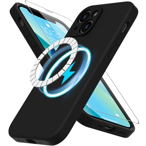 DEENAKIN for iPhone 13 Mini Case Silicone with Screen Protector - [Compatible with MagSafe] - Camera Protection - Slim Fit Protective Magnetic Phone Cover 5.4" for Men Women Girls - Black