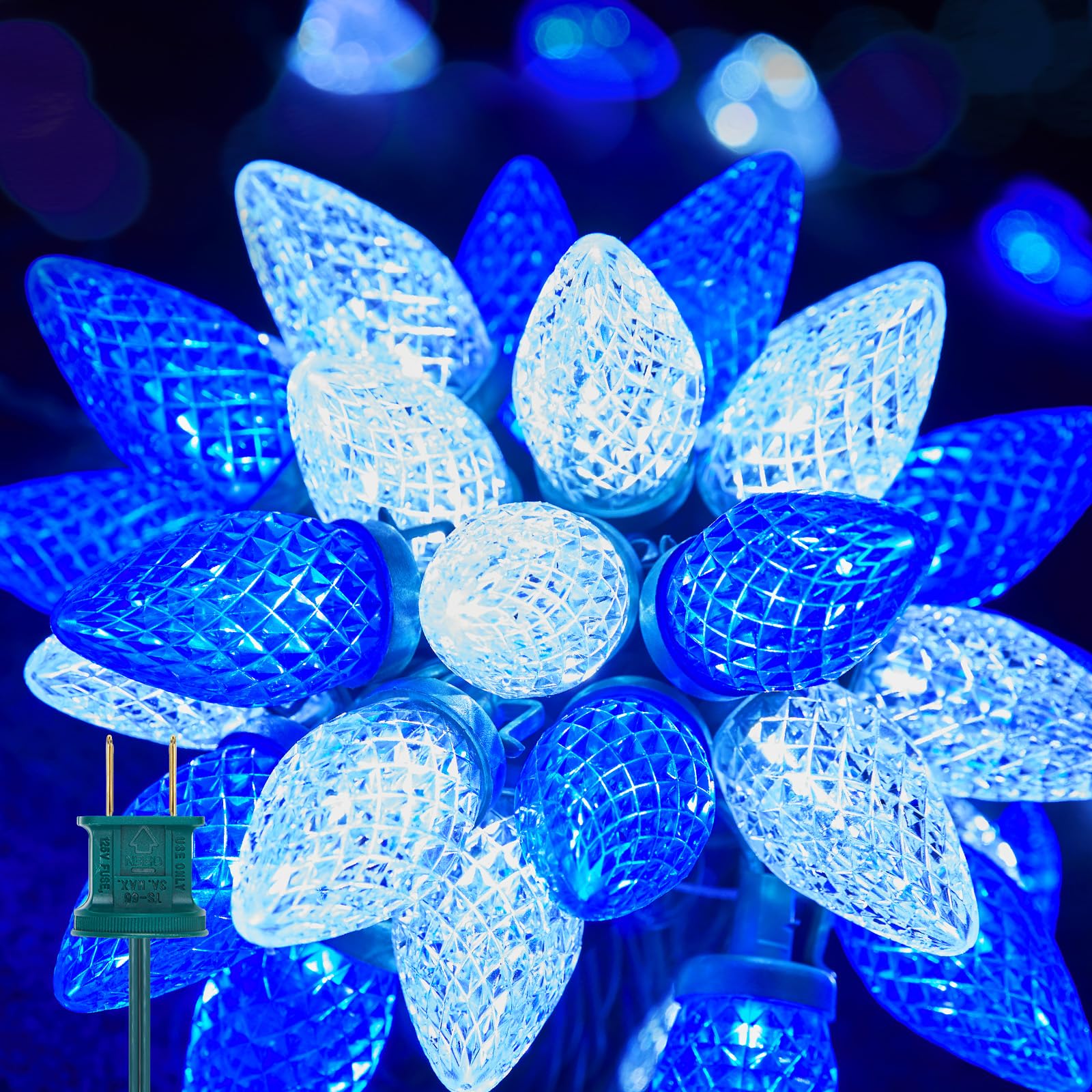 Brightown C9 LED Christmas String Lights, 33ft 50 LED Waterproof Strawberry String Lights, Extendable Green Wire Lights String for Outdoor Indoor Patio Party Decoration, Blue and White