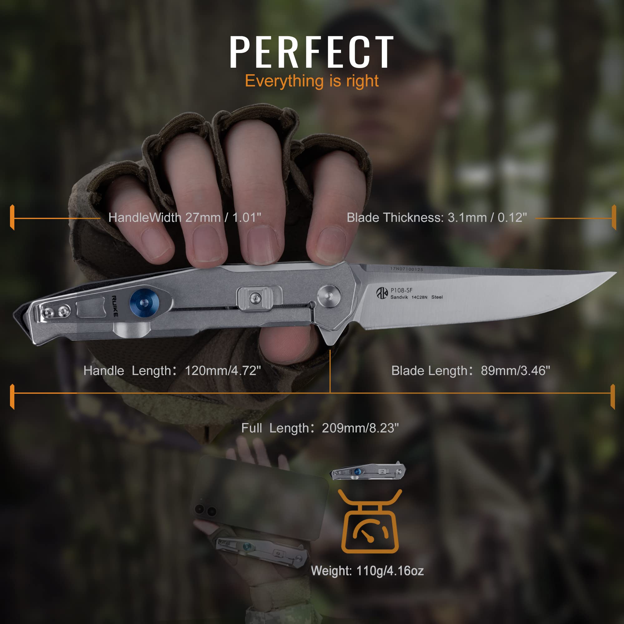 Tactical Folding Pocket Knife for men,14C28N Stainless Steel Blade,Frame Lock,G10 Handle,EDC Small Camping Knives Belt Clip Carry,Lightweight Survival Hunting Flipper Microtech Elemental Bushcraft Hiking Sharp Gear Tool Father Dad Gifts Ruike p108