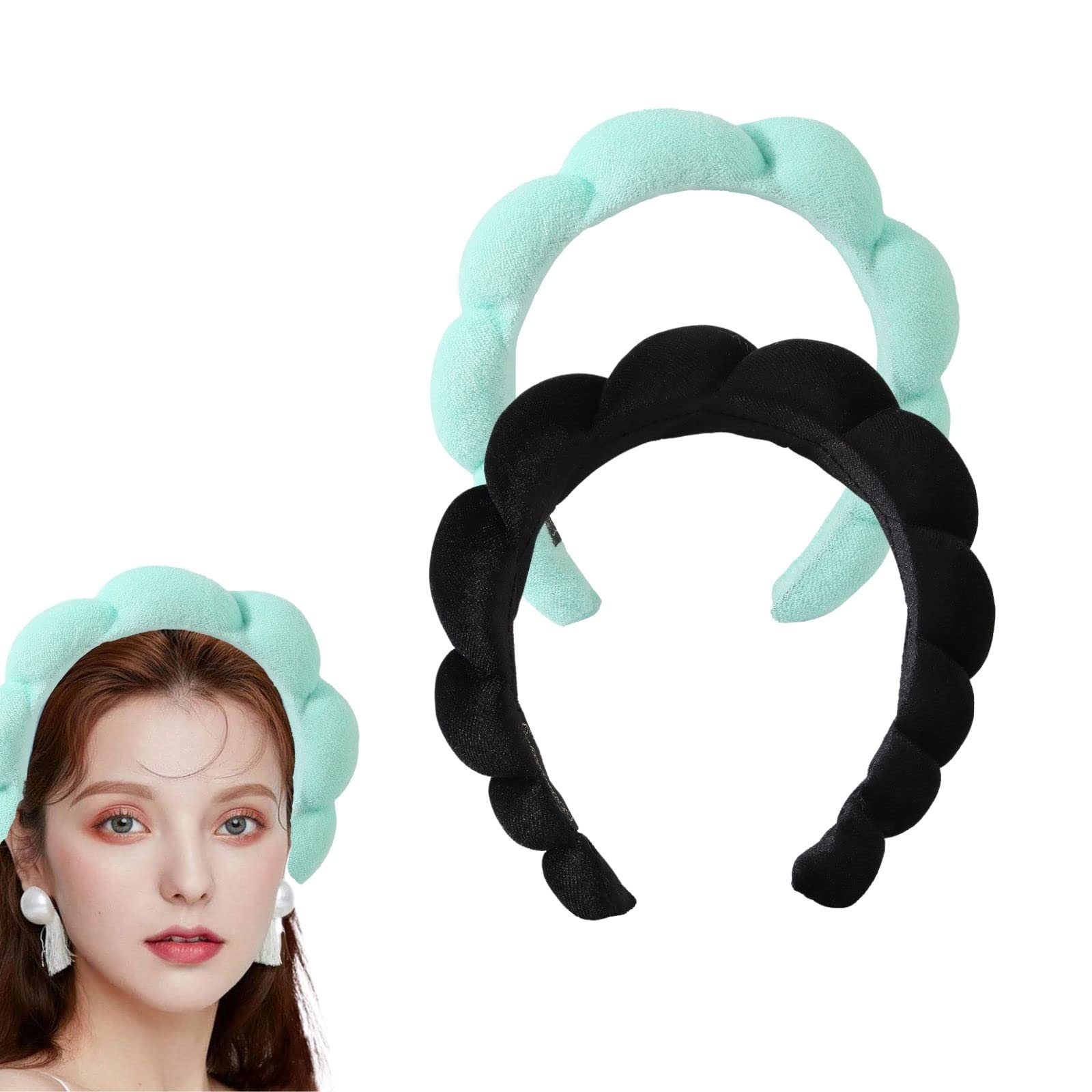 2PCS Spa Headband for Women, Terry Towel Cloth Fabric Hair Band for Face Washing,Makeup Removal, Shower, Skincare,Hair Accessories(Light Green+Black)