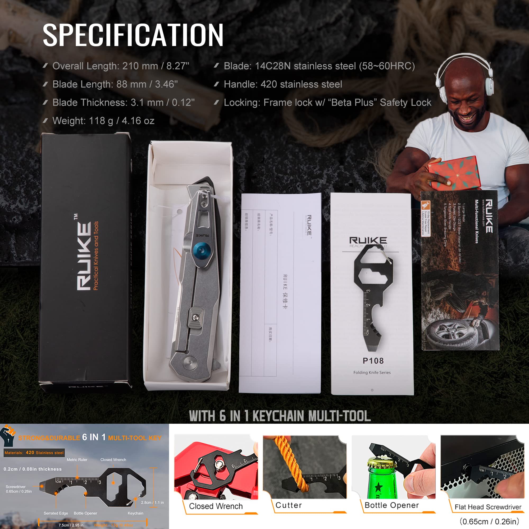 Tactical Folding Pocket Knife for men,14C28N Stainless Steel Blade,Frame Lock,G10 Handle,EDC Small Camping Knives Belt Clip Carry,Lightweight Survival Hunting Flipper Microtech Elemental Bushcraft Hiking Sharp Gear Tool Father Dad Gifts Ruike p108