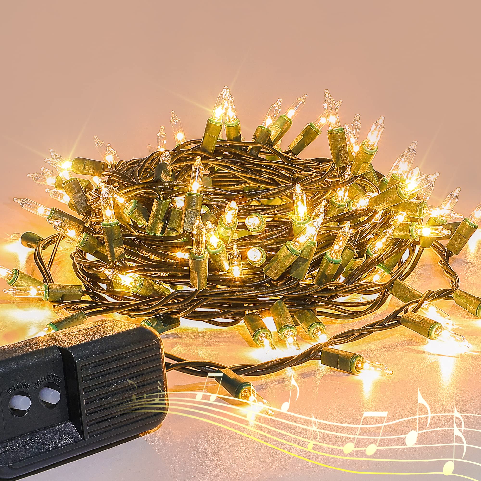 Indoor/Outdoor Multi-Color Musical Christmas Lights - Plays 25 Classical Holiday Songs - 8 Function Chaser - Green Wire - 26 Ft Wire Length, 2" Space Between Bulbs