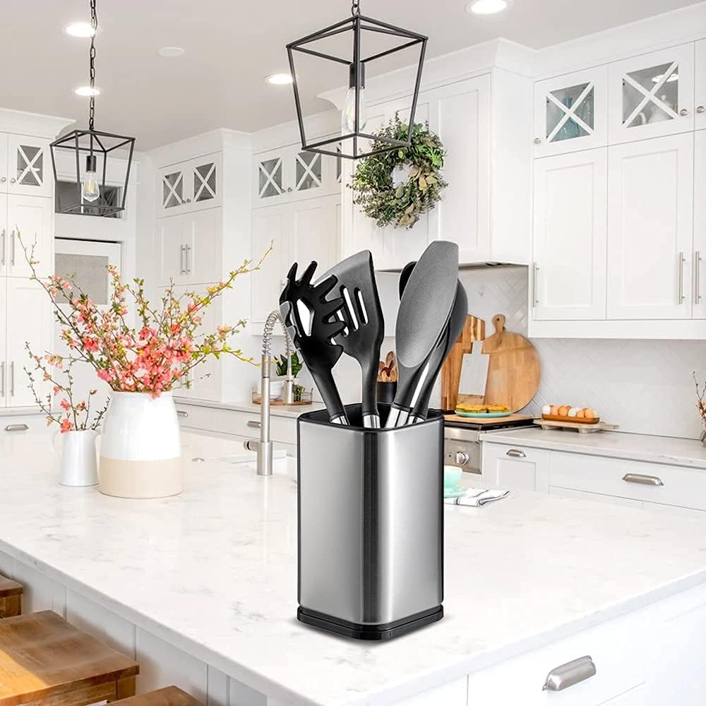 Stainless Steel Kitchen Utensil Holder for Countertop Large Utensil Caddy Organizer Rust Proof & Weighted Base for Stability, Rectangle Utensil Organizer, Cooking Utensil Holder Crock for All Kitchens