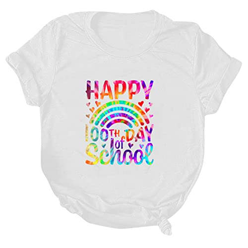 100 Days of School Learning & Laughs Women's Letter Print Tee T-Shirt Funny Cute Shirt Tops Teacher Summer Outfit 2023