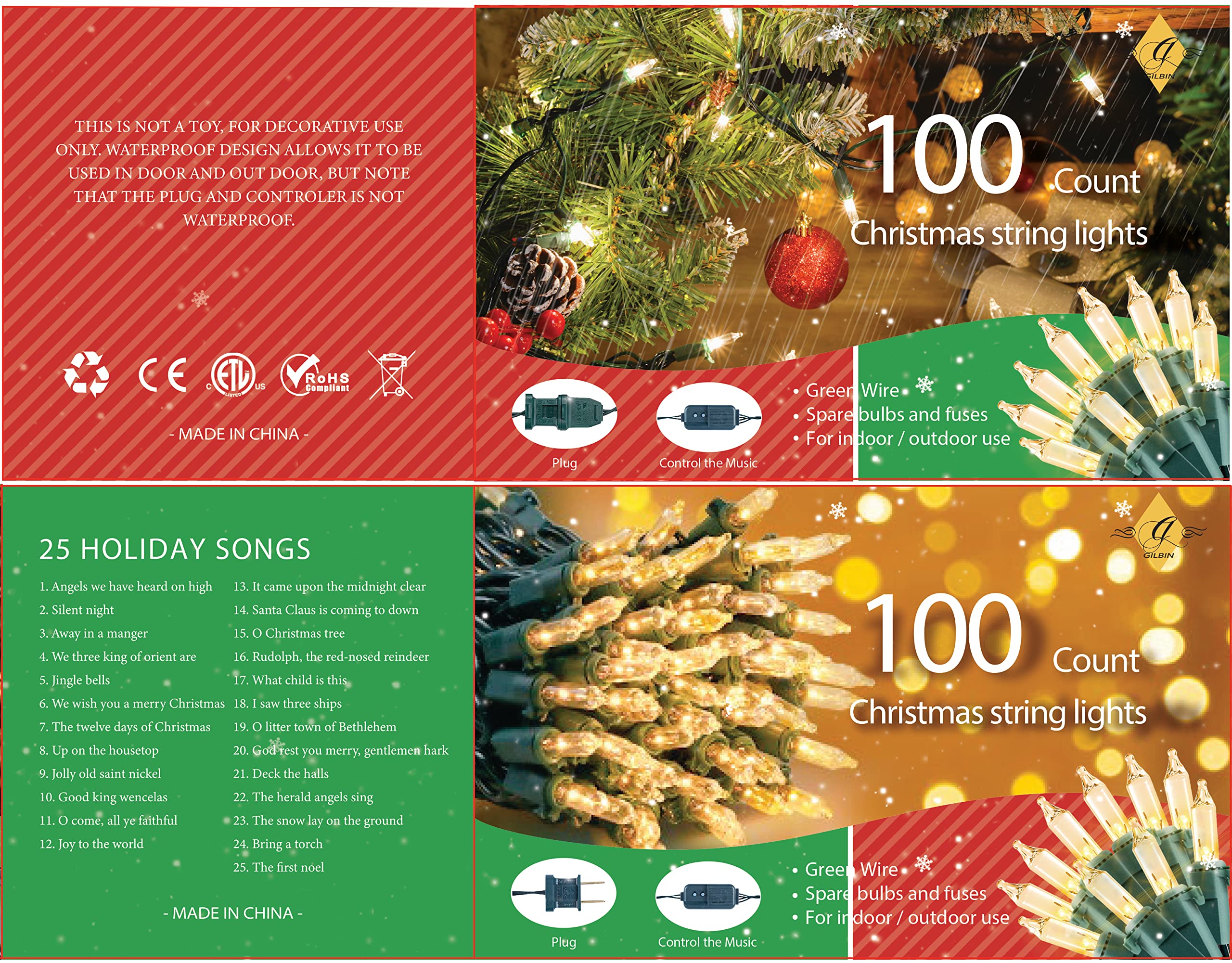 Indoor/Outdoor Multi-Color Musical Christmas Lights - Plays 25 Classical Holiday Songs - 8 Function Chaser - Green Wire - 26 Ft Wire Length, 2" Space Between Bulbs
