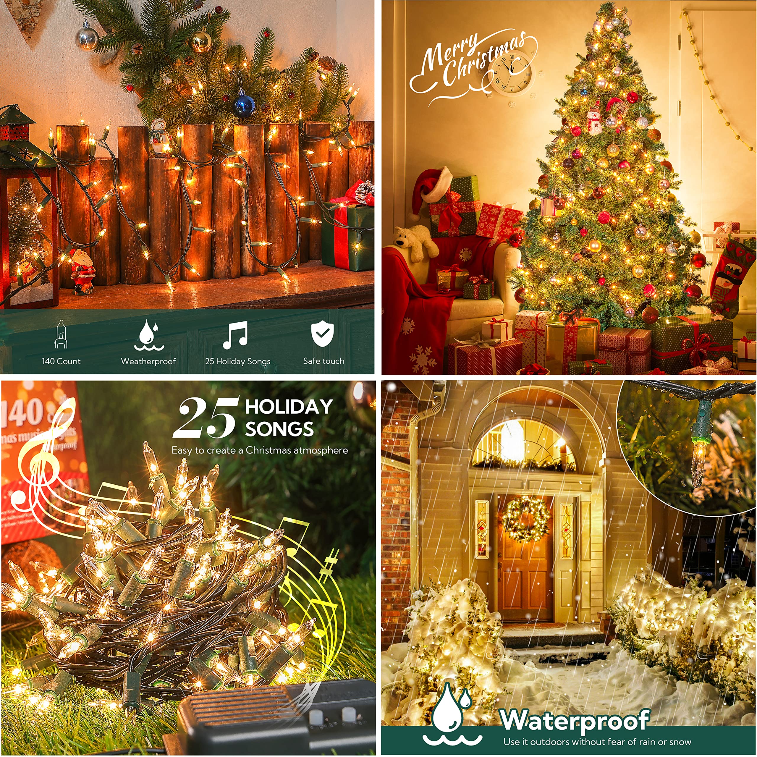 Indoor/Outdoor Multi-Color Musical Christmas Lights - Plays 25 Classical Holiday Songs - 8 Function Chaser - Green Wire - 26 Ft Wire Length, 2" Space Between Bulbs