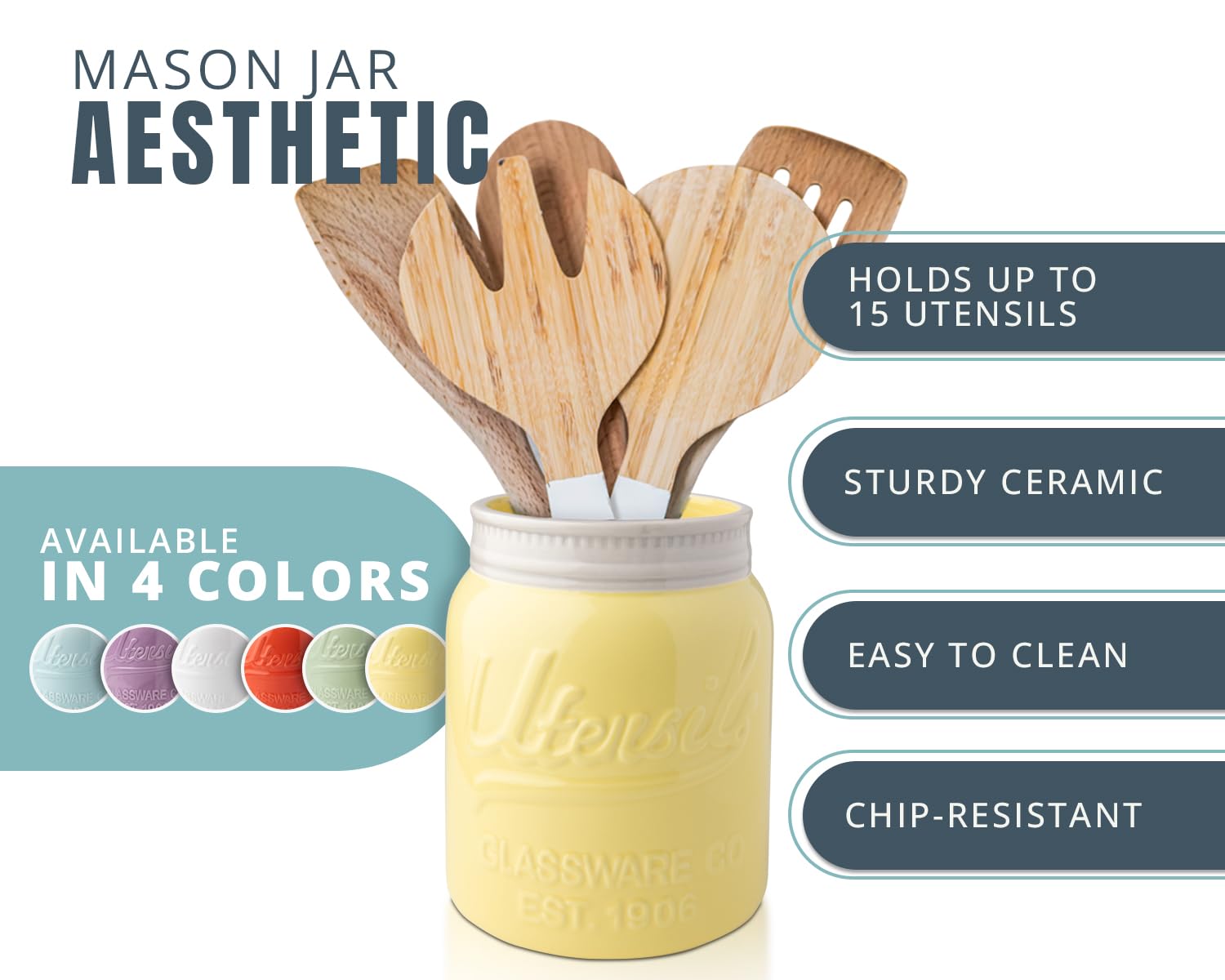 Wide Mouth Mason Jar Utensil Holder Decorative Kitchenware Organizer Crock, Chip Resistant Ceramic, Dishwasher Safe - Kitchen Caddy Green, Large Size 7" High - Yellow