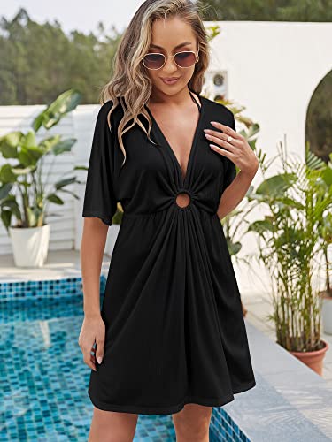 Women Casual V Neck Beach Dresses O-Ring Elastic Waisted Swimsuit Coverups Mini Dress Swimwear (Black, M)