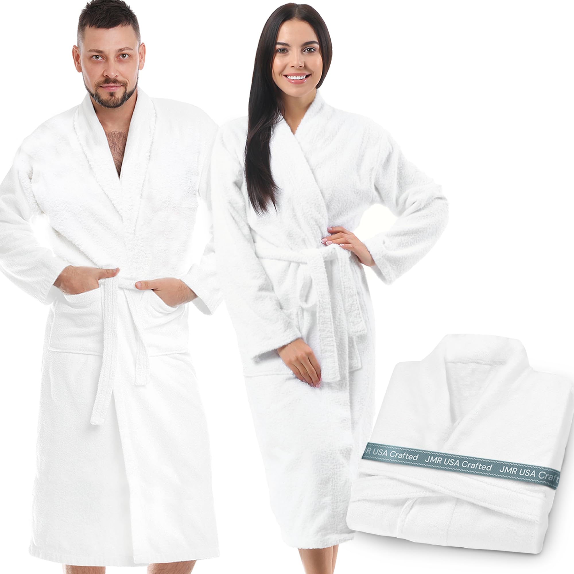 Unisex 100% Cotton Terry Cloth Bathrobe with Kimono Collar – Soft, Lightweight and Absorbent Towel Material – Ideal Robe for Men & Women at Home, Spa, Hotel, Sauna, Pool, Post Bath & Shower - White