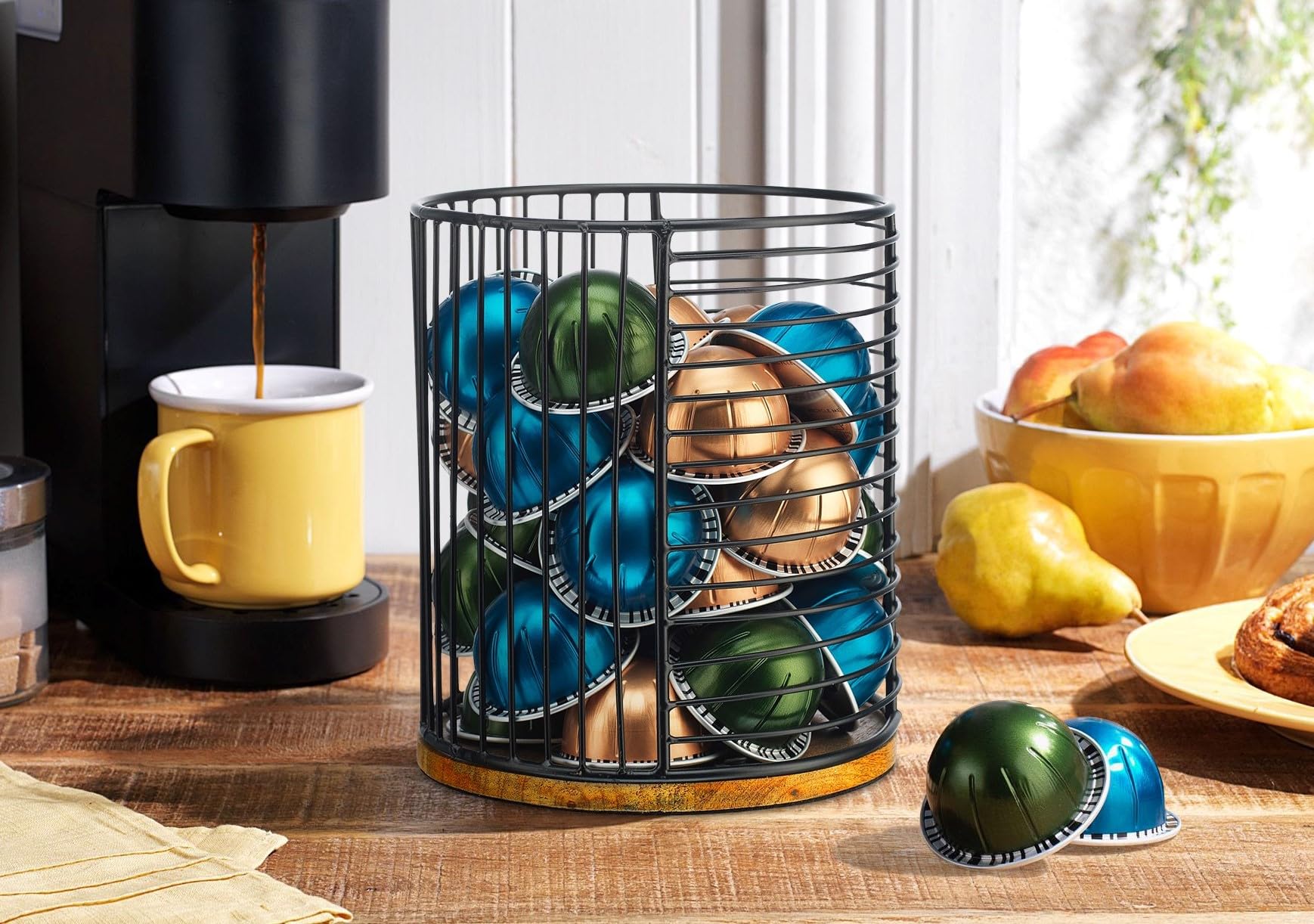 Coffee Pod Storage Holder, Metal Wire Basket with Wood Base, Countertop Coffee Capsule Organizer (89357)