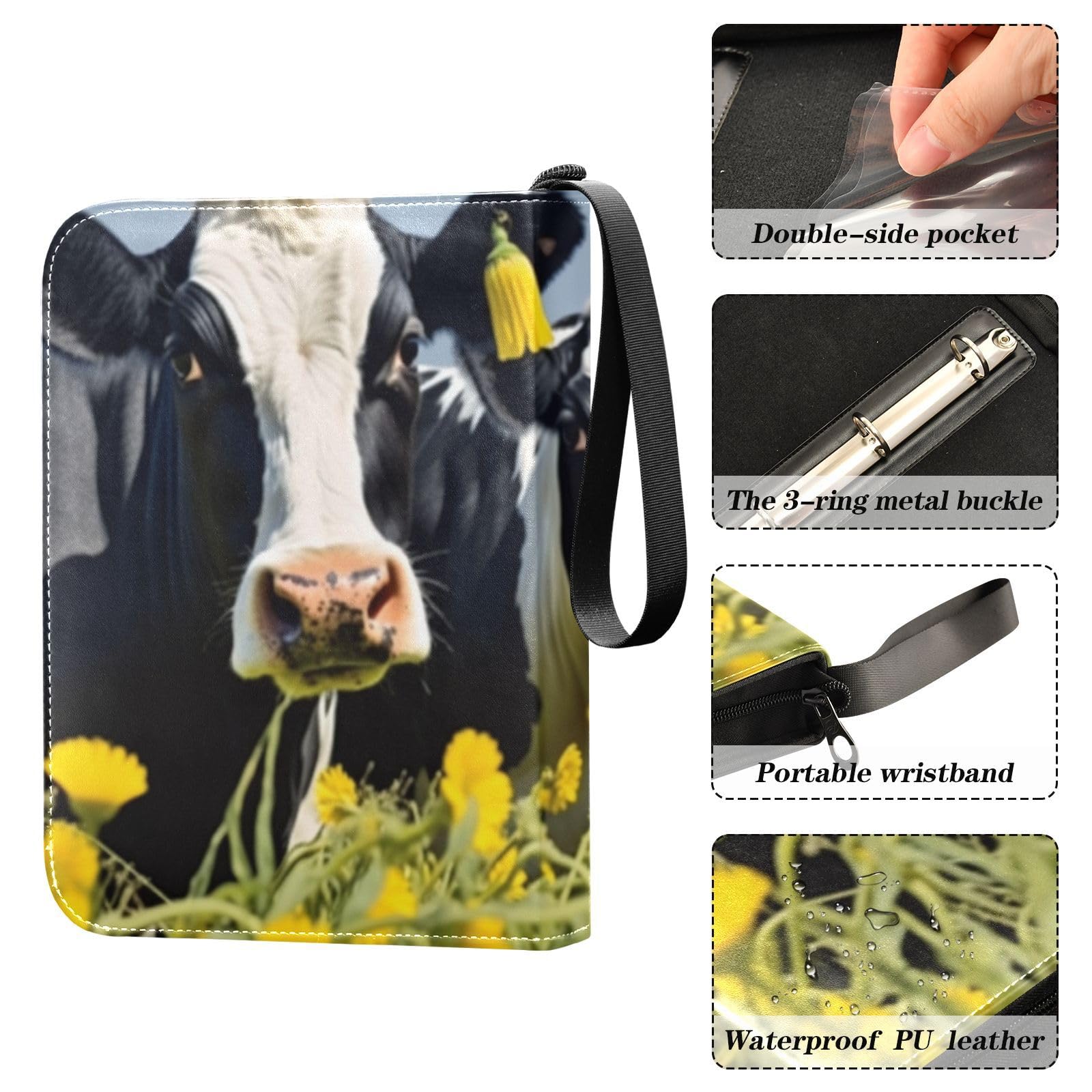 PYBUG Highland Cow Trading Card Binder with Nylon Strap 4-Pocket Waterproof PU Leather Card Collection Binder for 400 Cards Sturdy Card Holder Folders for Game Cards,Sports Cards