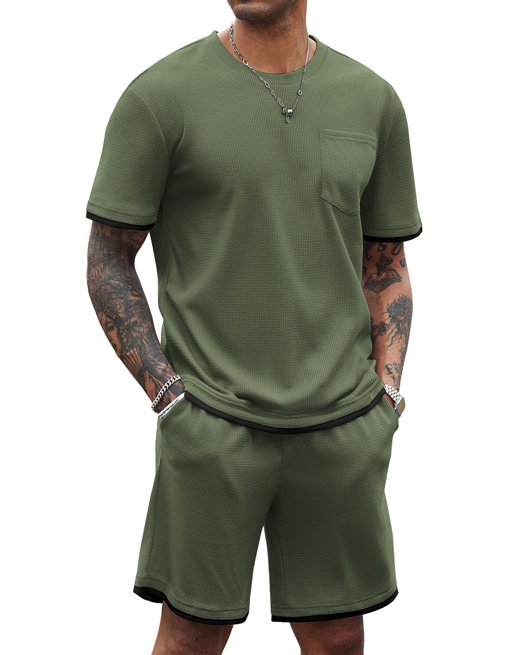 COOFANDY Men's Waffle Shirt and Shorts Set 2 Piece Outfits Casual Summer Tracksuits Set with Pockets