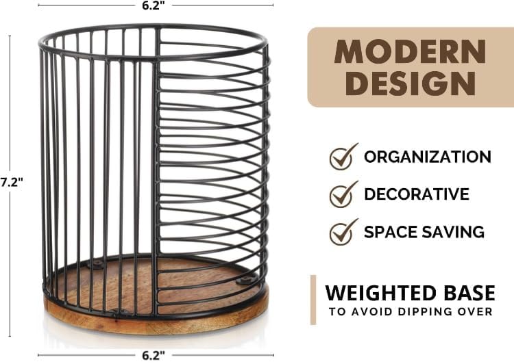 Coffee Pod Storage Holder, Metal Wire Basket with Wood Base, Countertop Coffee Capsule Organizer (89357)