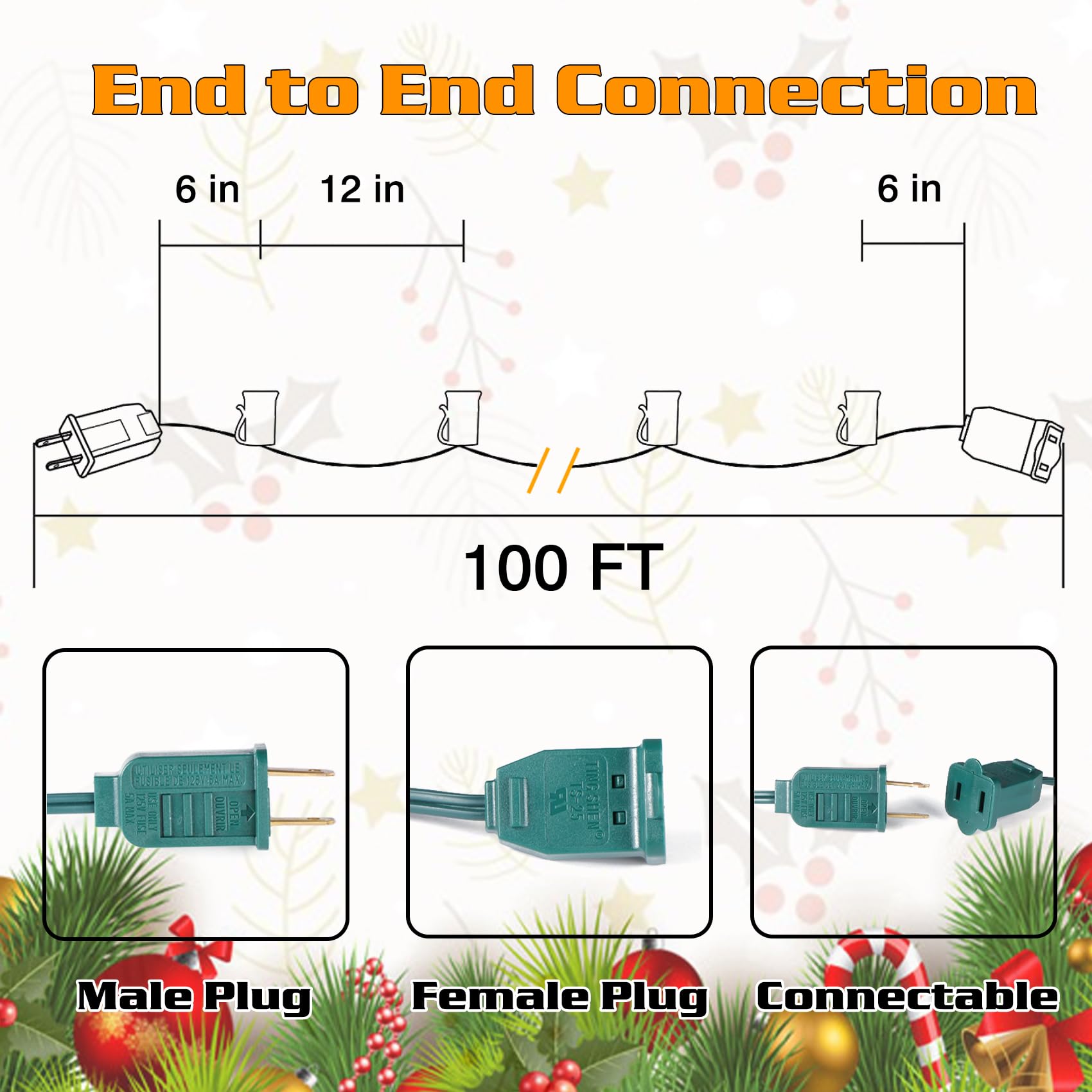 Encoidoz 100FT C9 Light String Christmas Stringer, E17 Light Sockets 12" Spacing, C9 Stringer Set Green Outdoor String Light Strand for Wedding Patio Event Lighting Decor, Green Wire