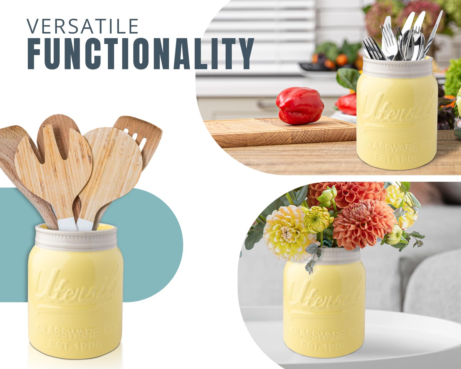 Wide Mouth Mason Jar Utensil Holder Decorative Kitchenware Organizer Crock, Chip Resistant Ceramic, Dishwasher Safe - Kitchen Caddy Green, Large Size 7" High - Yellow