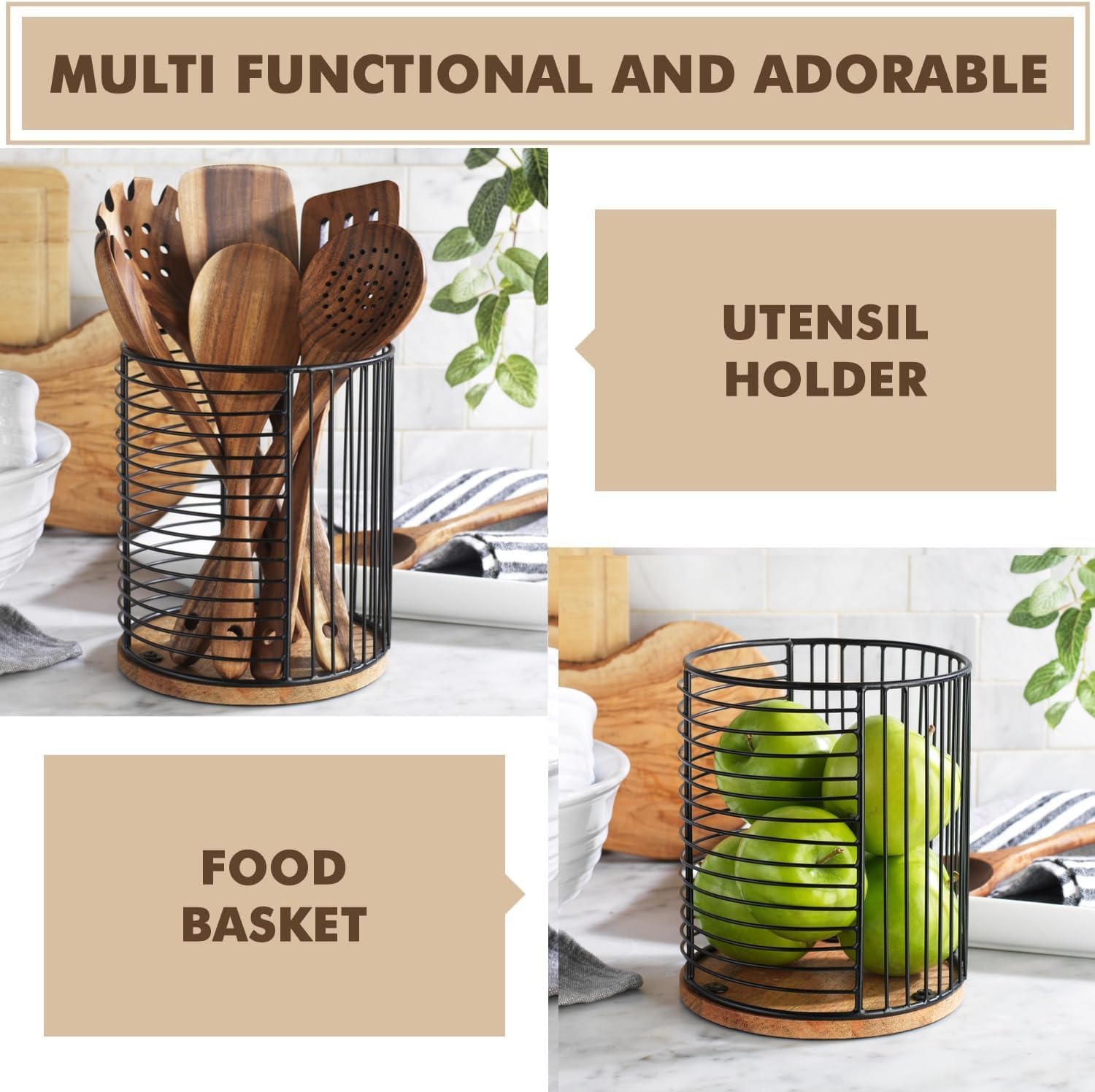 Coffee Pod Storage Holder, Metal Wire Basket with Wood Base, Countertop Coffee Capsule Organizer (89357)