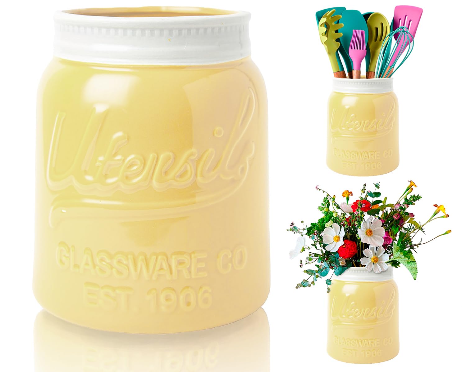 Wide Mouth Mason Jar Utensil Holder Decorative Kitchenware Organizer Crock, Chip Resistant Ceramic, Dishwasher Safe - Kitchen Caddy Green, Large Size 7" High - Yellow