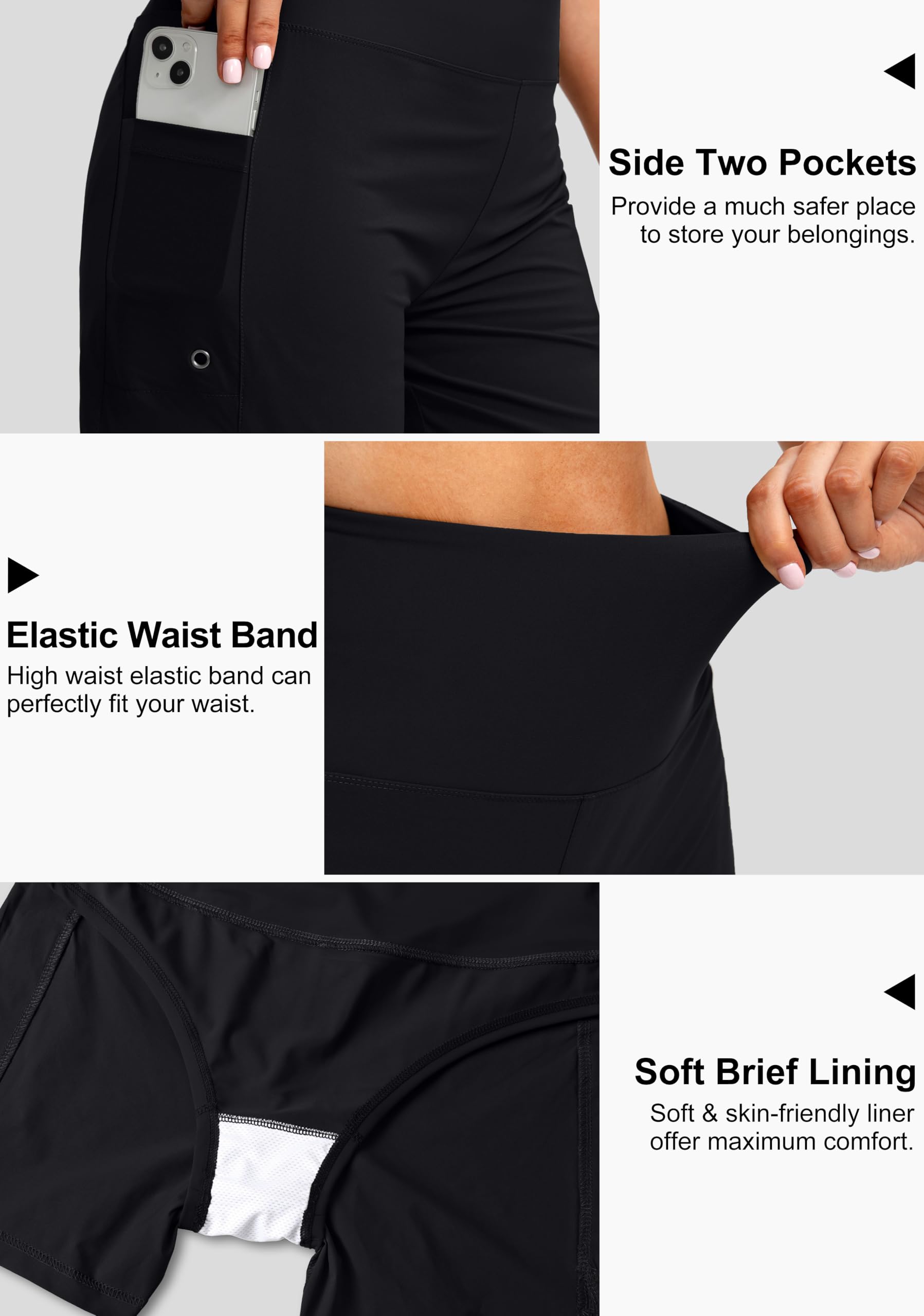 G Gradual Women's 5" High Waisted Swim Board Shorts with Phone Pockets UPF 50+ Quick Dry Beach Shorts for Women with Liner(Black, Large)