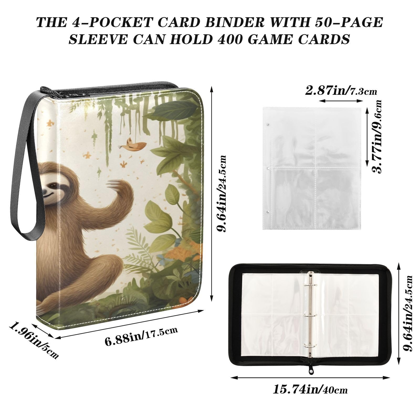 PYBUG Cute Sloth Trading Card Binder with Nylon Strap 4-Pocket Waterproof PU Leather Card Collection Binder for 400 Cards Sturdy Card Holder Folders for Game Cards,Sports Cards