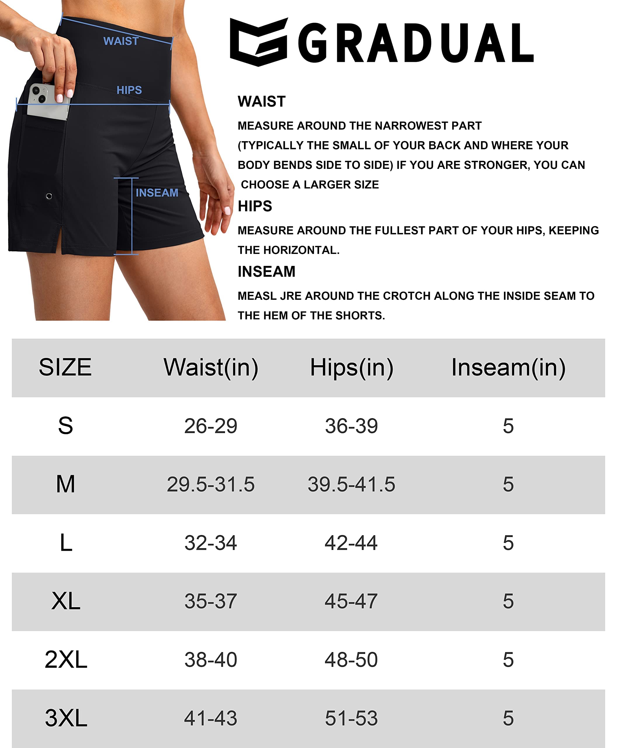G Gradual Women's 5" High Waisted Swim Board Shorts with Phone Pockets UPF 50+ Quick Dry Beach Shorts for Women with Liner(Black, Large)