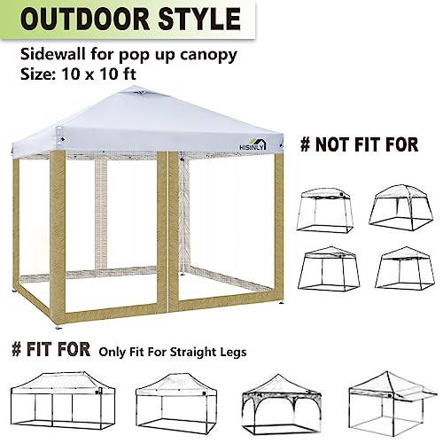 Hisinly Canopy Mesh Sidewalls for 10x10 Pop Up Canopy, 300D Oxford Fabric with Silver Caoting, Sidewall Netting, 4 Pieces Mesh Sidewalls with Door, Kahki (Canopy Tent NOT Included) (SW-04-4)