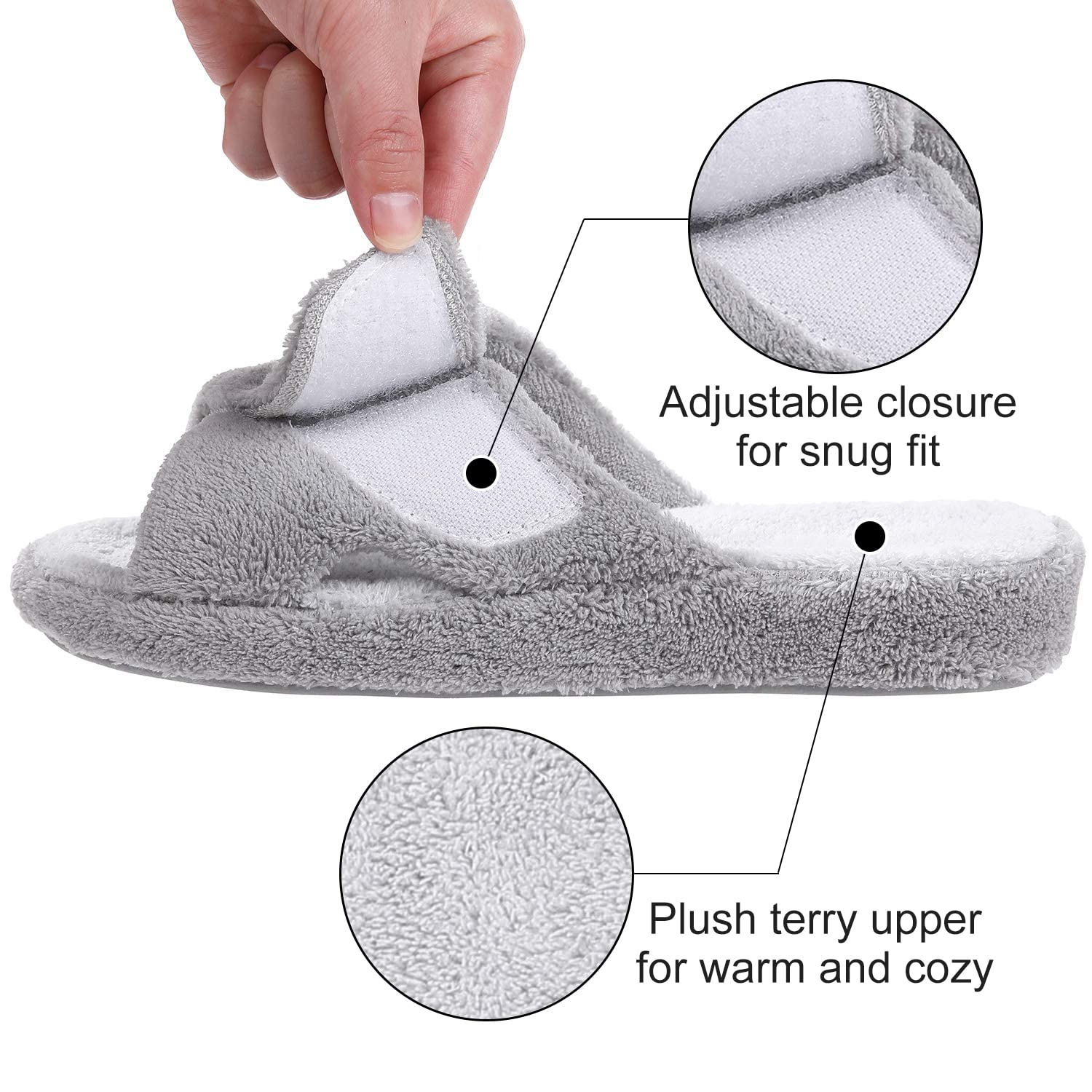 shevalues Summer Arch Support Slippers for Women Adjustable Terry Cloth Fuzzy Indoor Slippers Open Toe House Shoes, Grey 11 Women/9.5 Men