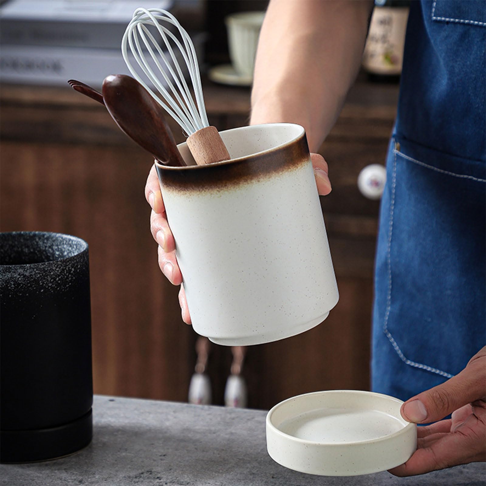 Dxcaicc Utensil Holder,Ceramic Kitchen Utensil Holder for Countertop,Large Ceramic Stable Utensil Caddy,Drainer Ceramic Cooking Utensil Holder,Cooking utensils holder for Kitchen ,C