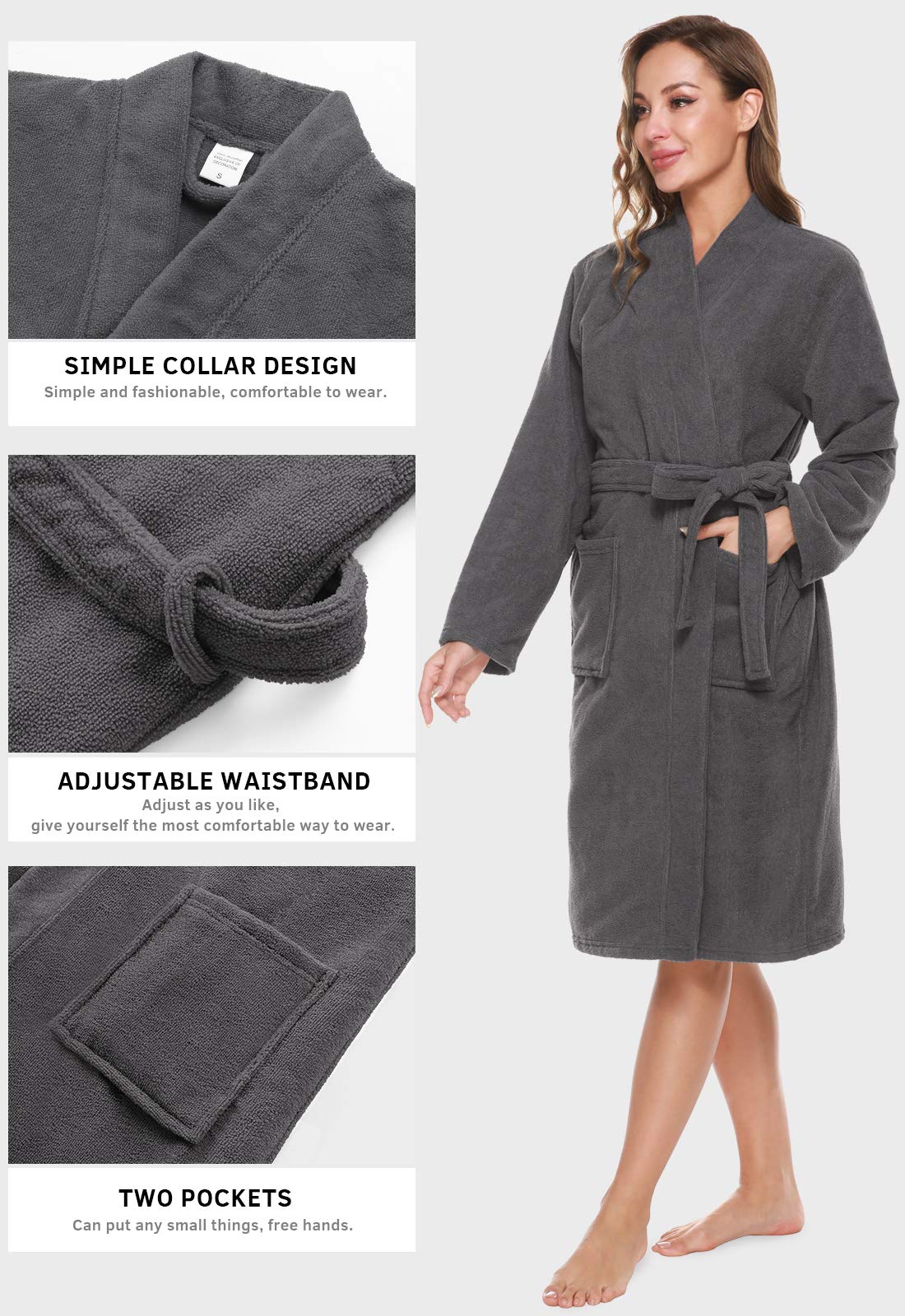 Kniffi Kimono Bathrobe for Women Terry Cloth Robes knee length towel Bathrobe Grey L