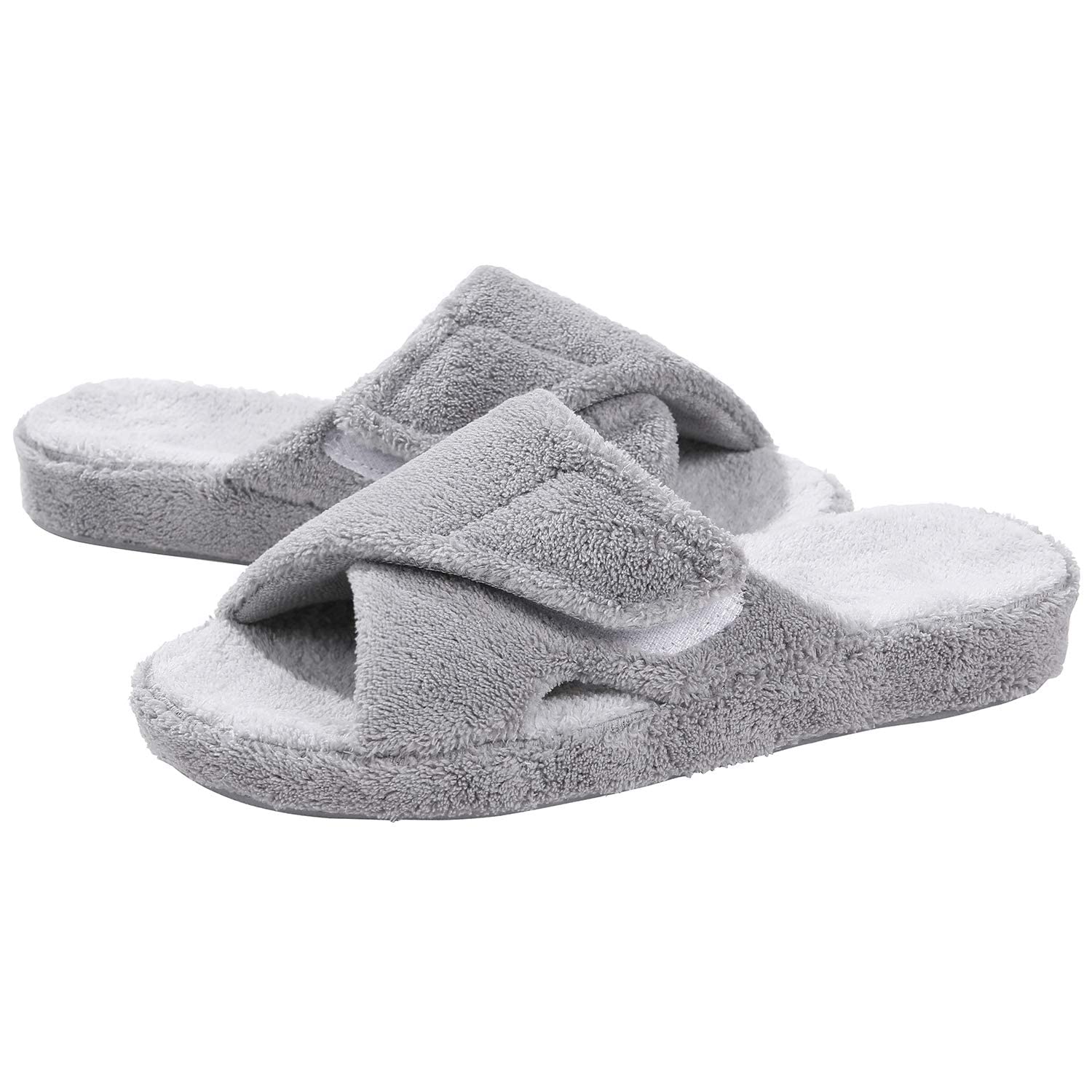 shevalues Summer Arch Support Slippers for Women Adjustable Terry Cloth Fuzzy Indoor Slippers Open Toe House Shoes, Grey 11 Women/9.5 Men