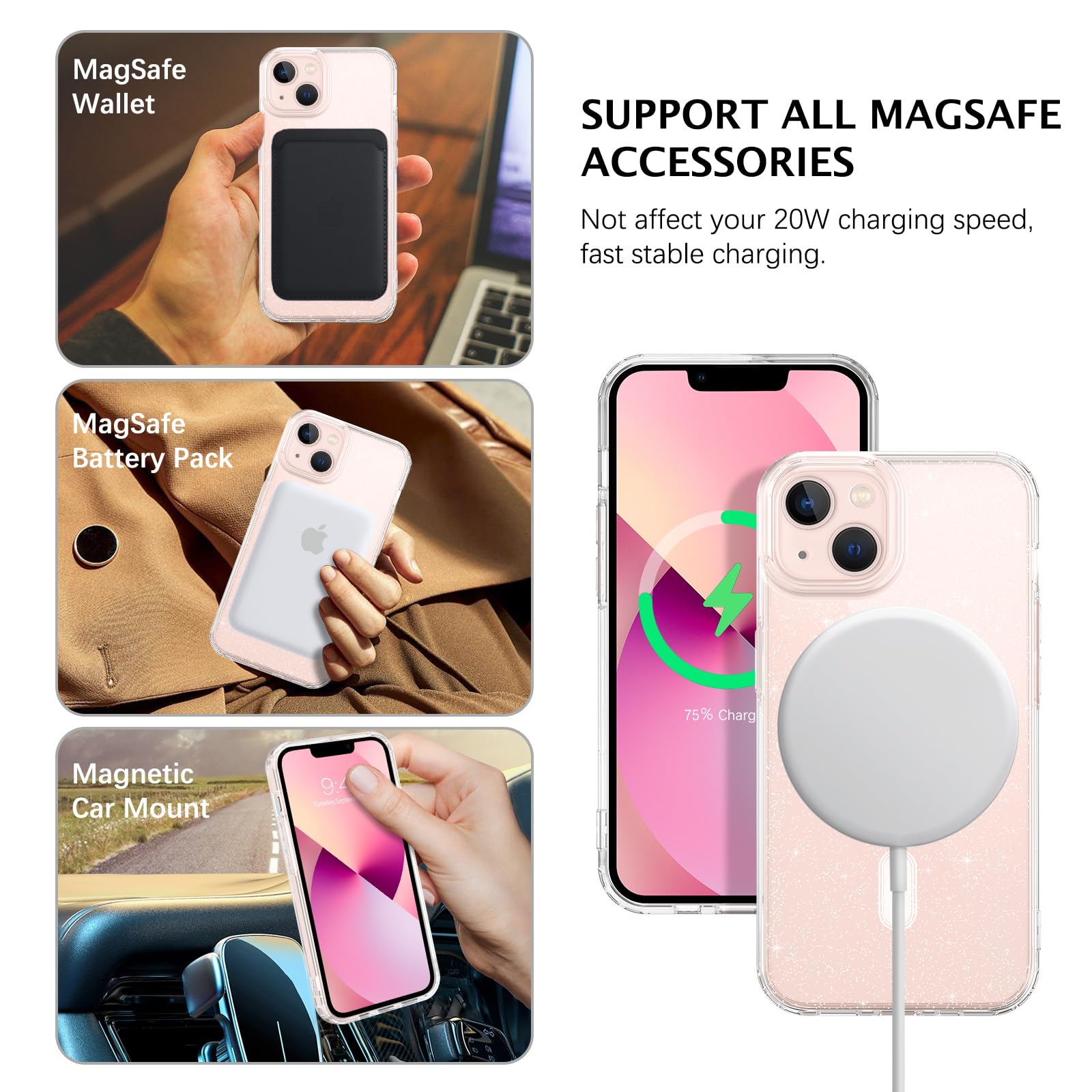 Telaso iPhone 13 Mini Case, iPhone 13 Mini Clear Glitter Case Compatible with Magsafe Wireless Charging Shockproof Anti-Scratch Hybrid Hard PC TPU Bumper Phone Case for iPhone 13 Mini 5.4", Clear