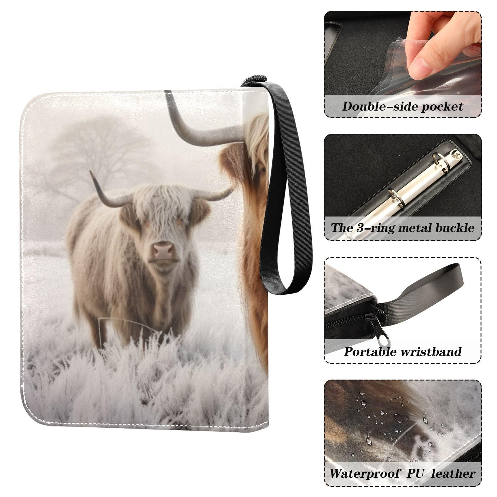 PYBUG Highland Cow Trading Card Binder with Nylon Strap 4-Pocket Waterproof PU Leather Card Collection Binder for 400 Cards Sturdy Card Holder Folders for Game Cards,Sports Cards