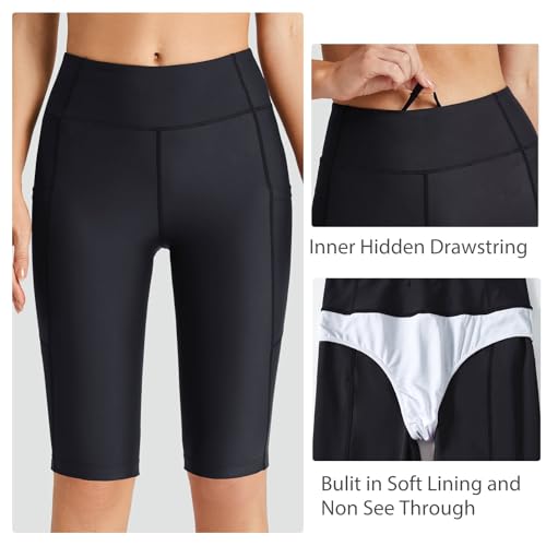 BALEAF Women's Swim Shorts SPF UV High Waisted Tummy Control Tankini Bathing Suit Swimsuit Bottoms with Pockets Black XS