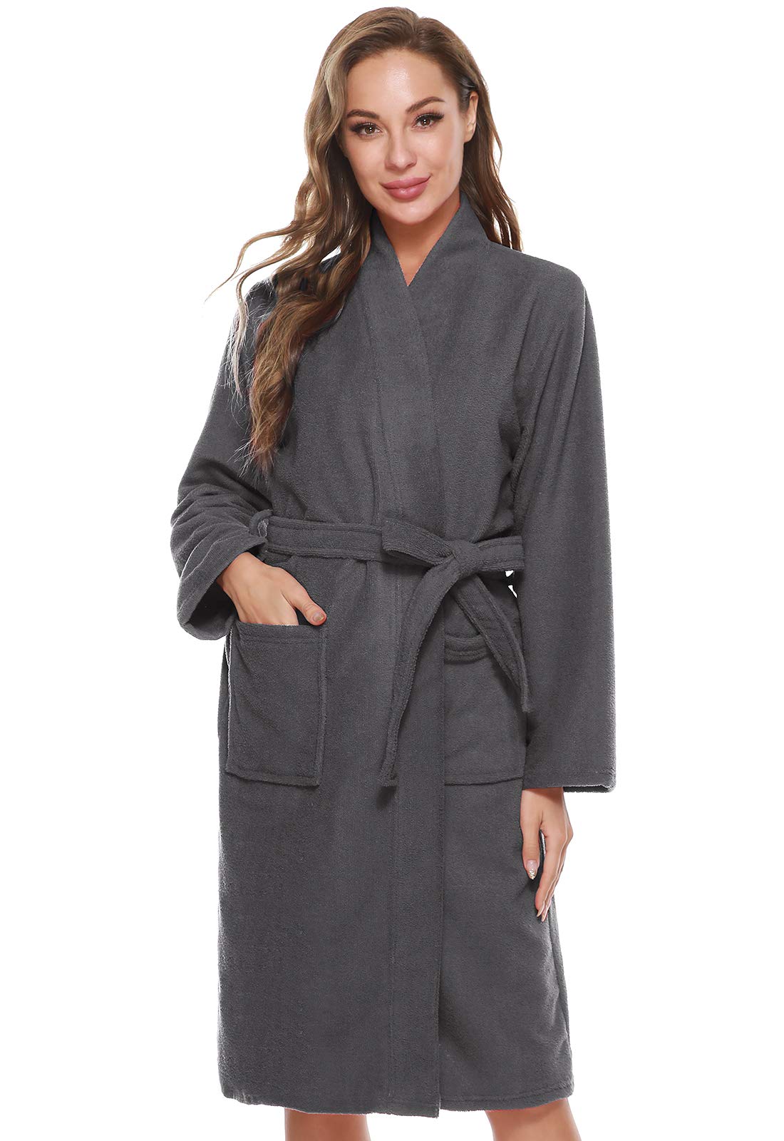 Kniffi Kimono Bathrobe for Women Terry Cloth Robes knee length towel Bathrobe Grey L