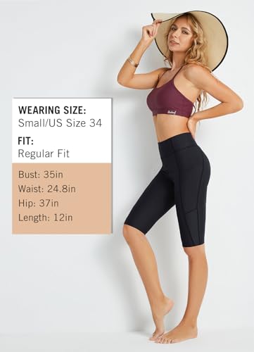 BALEAF Women's Swim Shorts SPF UV High Waisted Tummy Control Tankini Bathing Suit Swimsuit Bottoms with Pockets Black XS