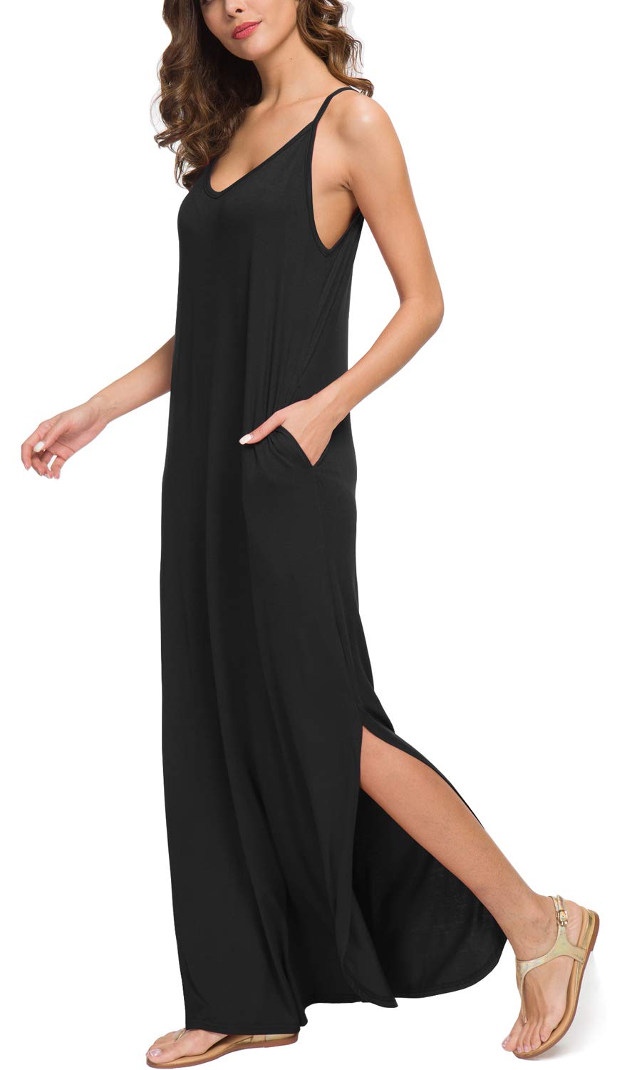 GRECERELLE Women's Summer Casual Loose Dress Beach Cover Up Long Cami Maxi Dress with Pocket Black-X-Large