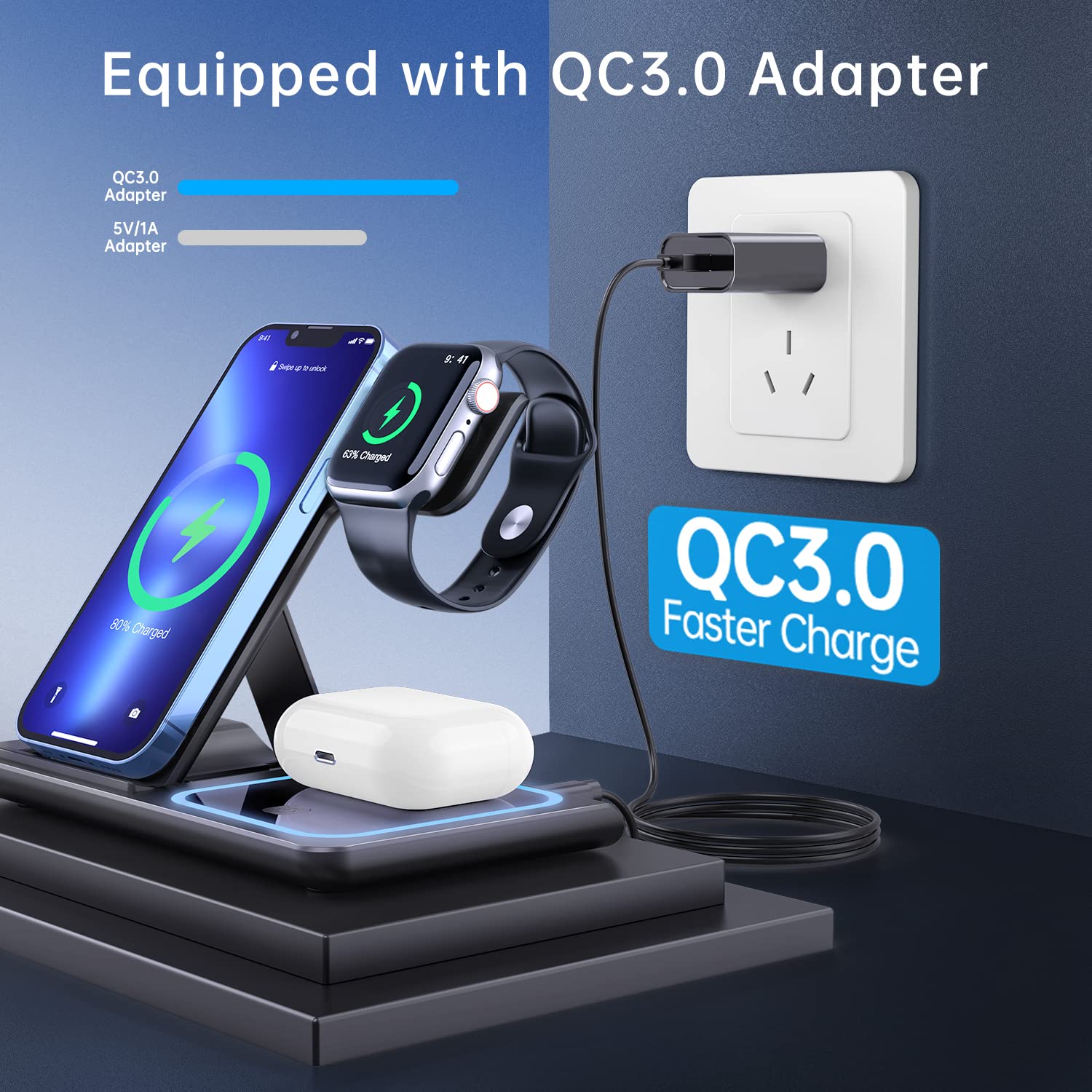 Wireless Charger, 3 in 1 Fast Wireless Charging Station Dock Compatible with iPhone 13/12/11/Pro/XS/XR/X/SE/8/8 Plus, 18W Wireless Charger Stand Compatible with Apple Watch Series 6/5/4/3/2/AirPods