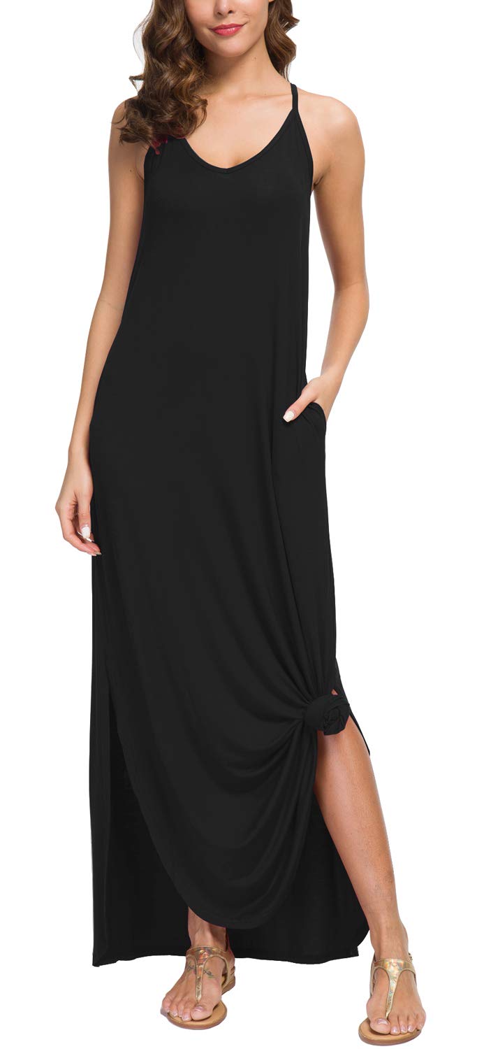 GRECERELLE Women's Summer Casual Loose Dress Beach Cover Up Long Cami Maxi Dress with Pocket Black-X-Large