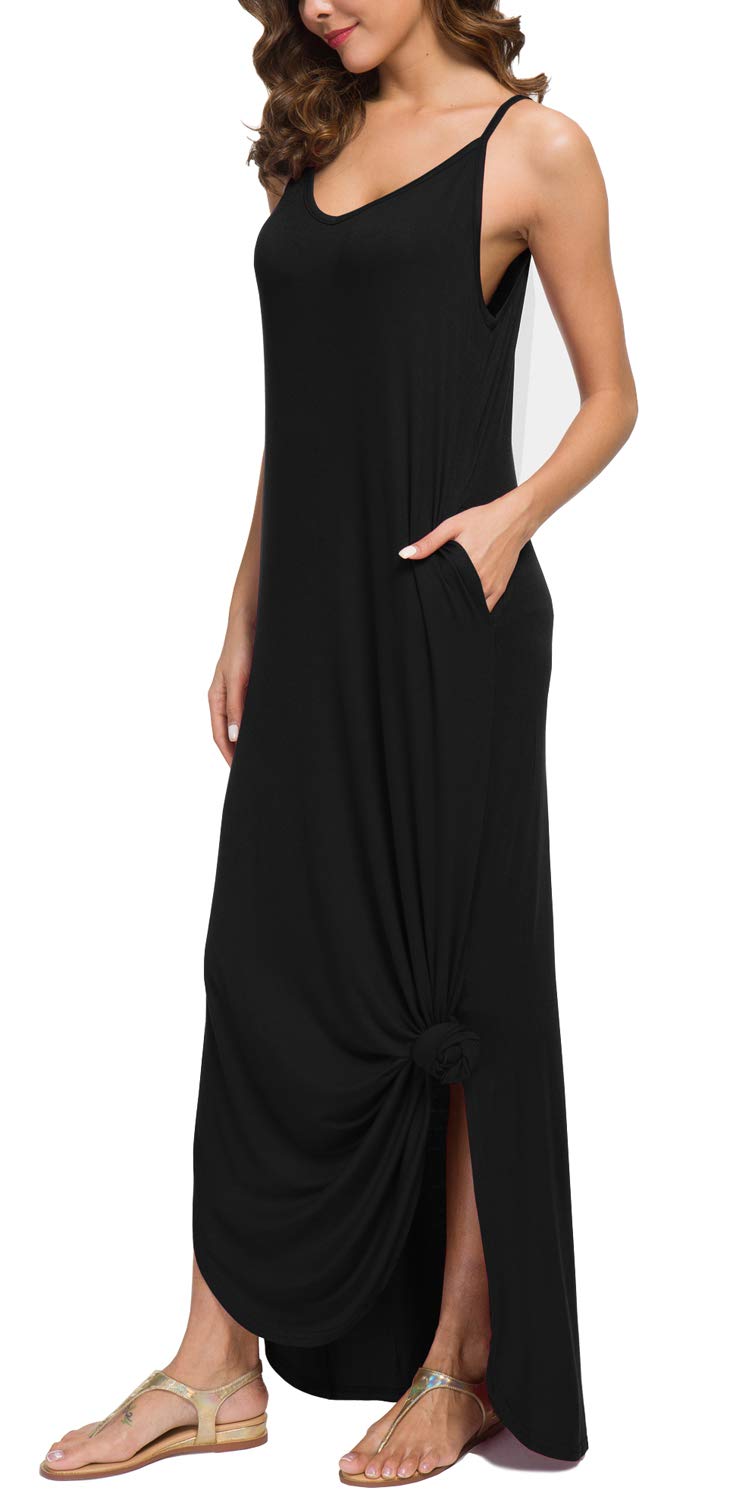 GRECERELLE Women's Summer Casual Loose Dress Beach Cover Up Long Cami Maxi Dress with Pocket Black-X-Large